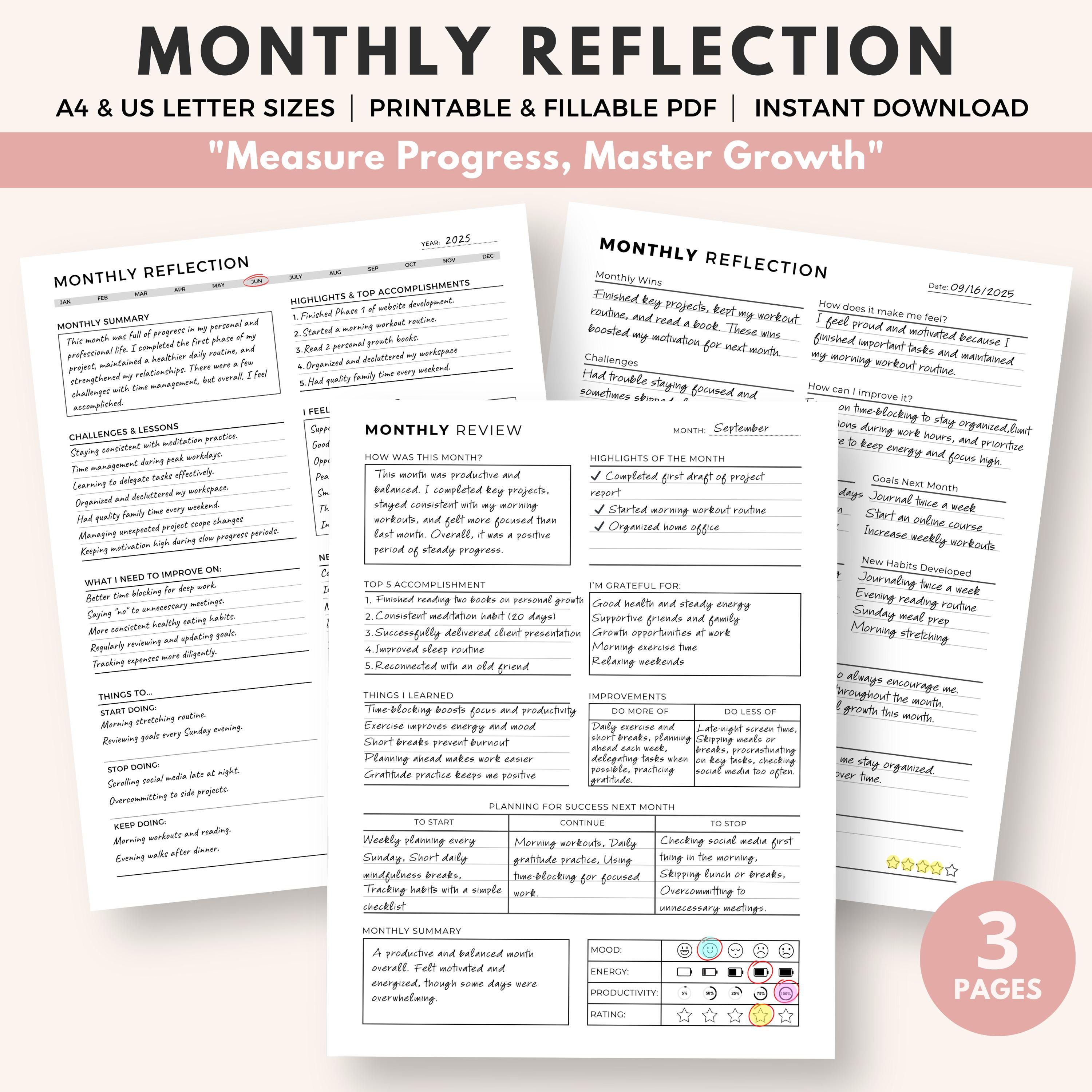 Monthly Reflection Printable Bundle: Review, Evaluation, Summary ...