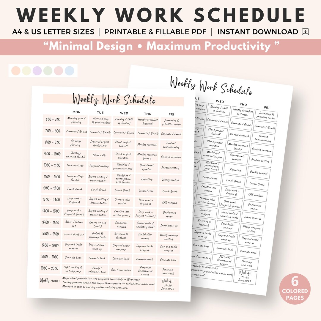 Weekly Work Planner: Printable Hourly Schedule, Fillable PDF, A4/US ...