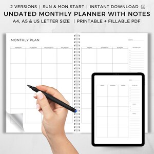 Undated Monthly Planner Printable, Month on Two Pages, Month at a ...