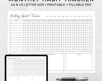 Monthly Habit Tracker Printable Landscape, Habit Tracker Template ...