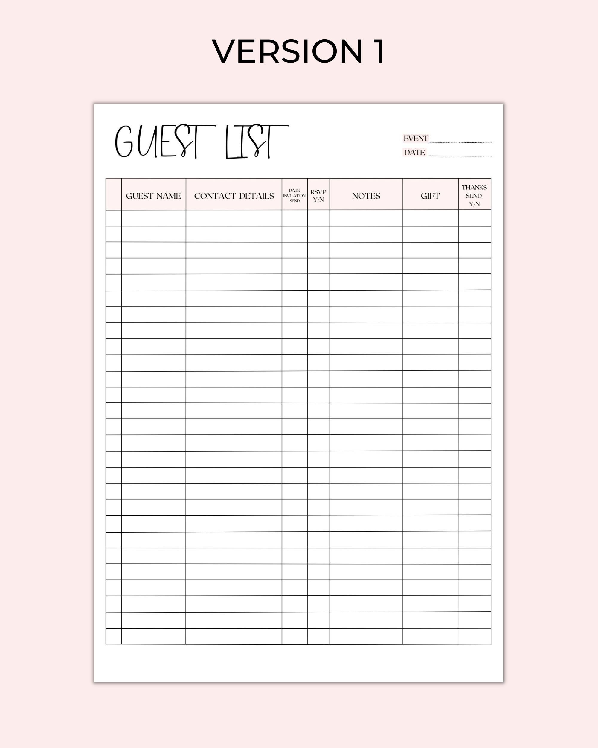 Guest List Template Guest List Tracker Party Events - Etsy