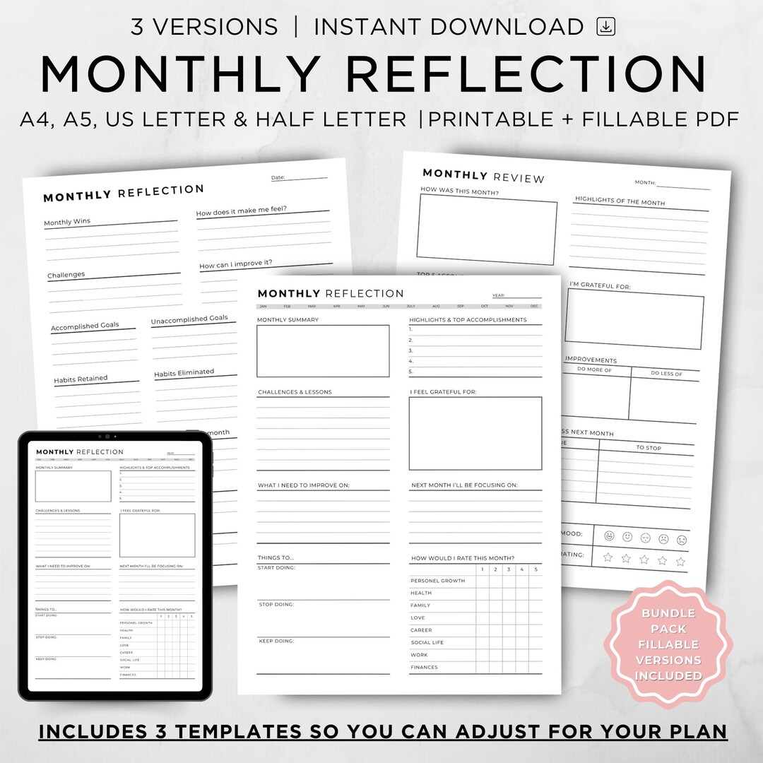 Monthly Reflection Printable Bundle: Review, Evaluation, Summary (a4/a5 ...