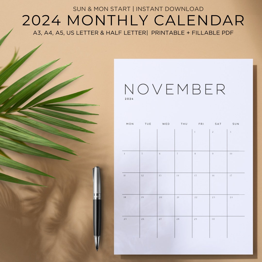 Minimalist 2024 Calendar 2024 Monthly Planner Vertical Sunday & Monday ...