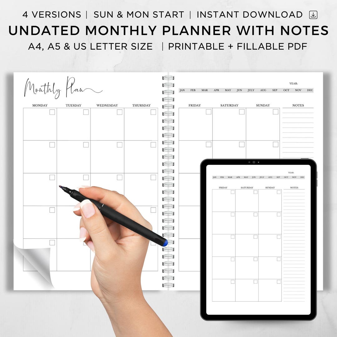 Undated Monthly Planner Printable, Month on Two Pages, Month at a ...
