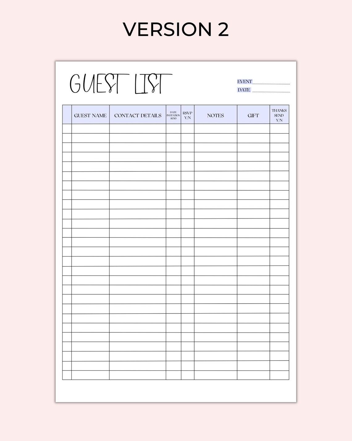 Guest List Template Guest List Tracker Party Events - Etsy