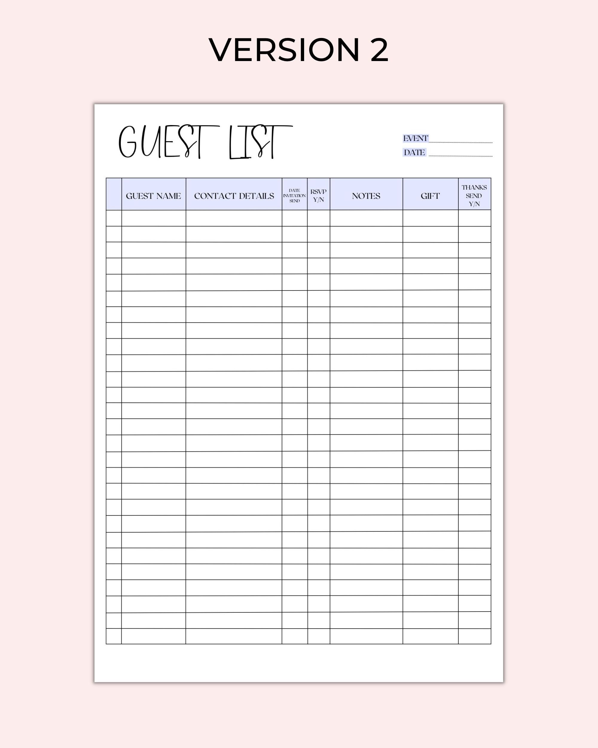 Guest List Template Guest List Tracker Party Events - Etsy