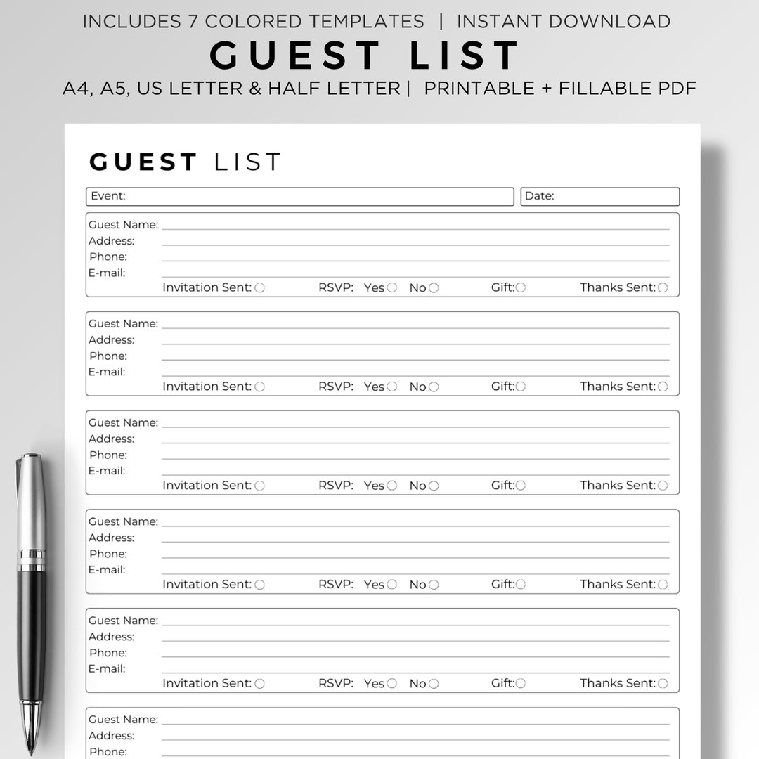 Guest List Template, Guest List Tracker, Party, Events, Birthday ...