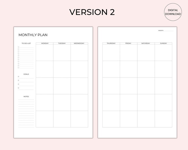 Undated Monthly Planner Printable, Month on Two Pages, Month at a ...