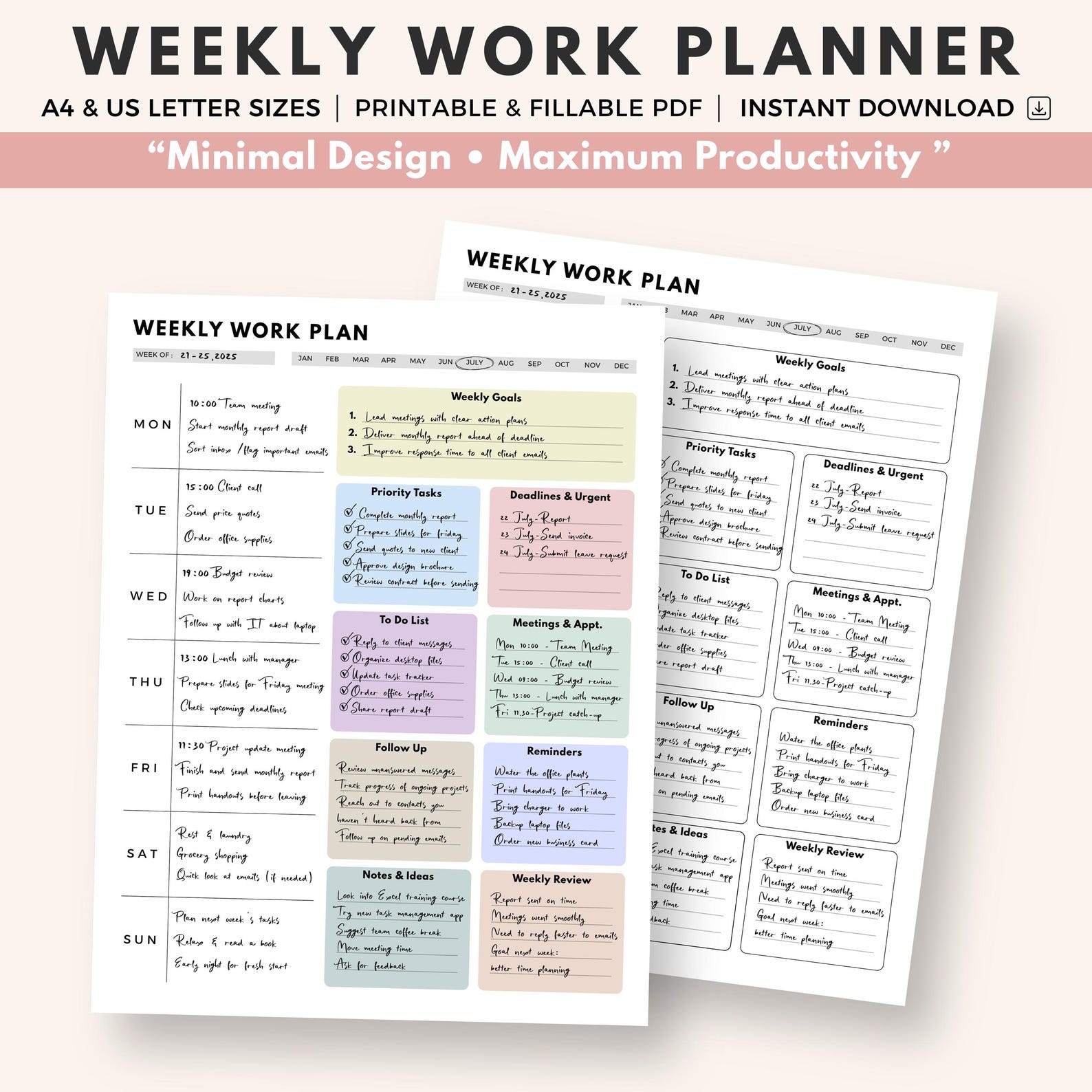 Weekly Work Planner: Printable, Fillable Pdf, Productivity, Work ...