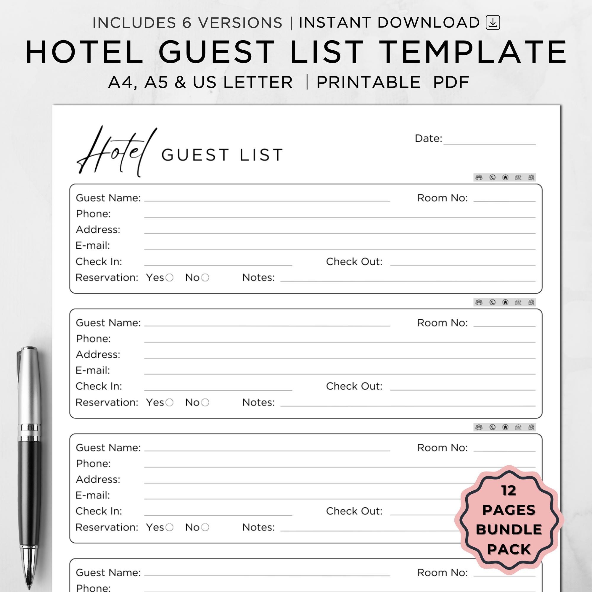 Hotel Guest List, Hotel Reservation List,hotel Guest List Template - Etsy