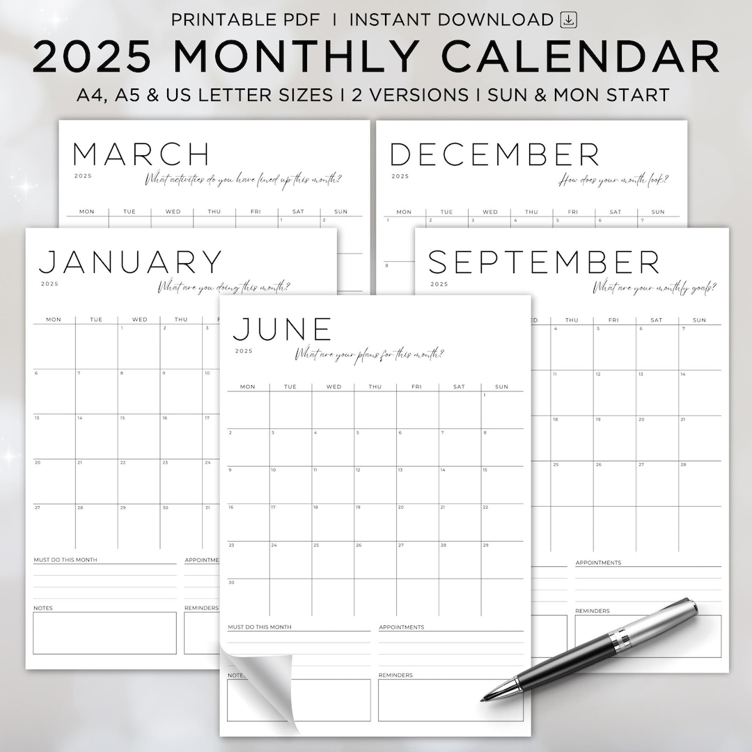 2025 Monthly Calendar, 2025 Monthly Planner, Year Overview, Office ...