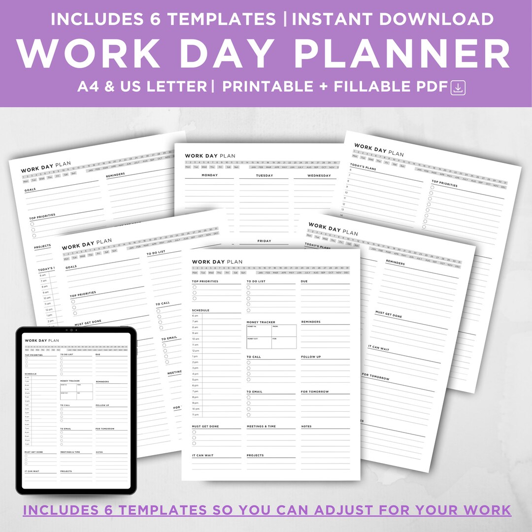 Work Day Planner, Productivity Day Planner Work, Office Organizer ...