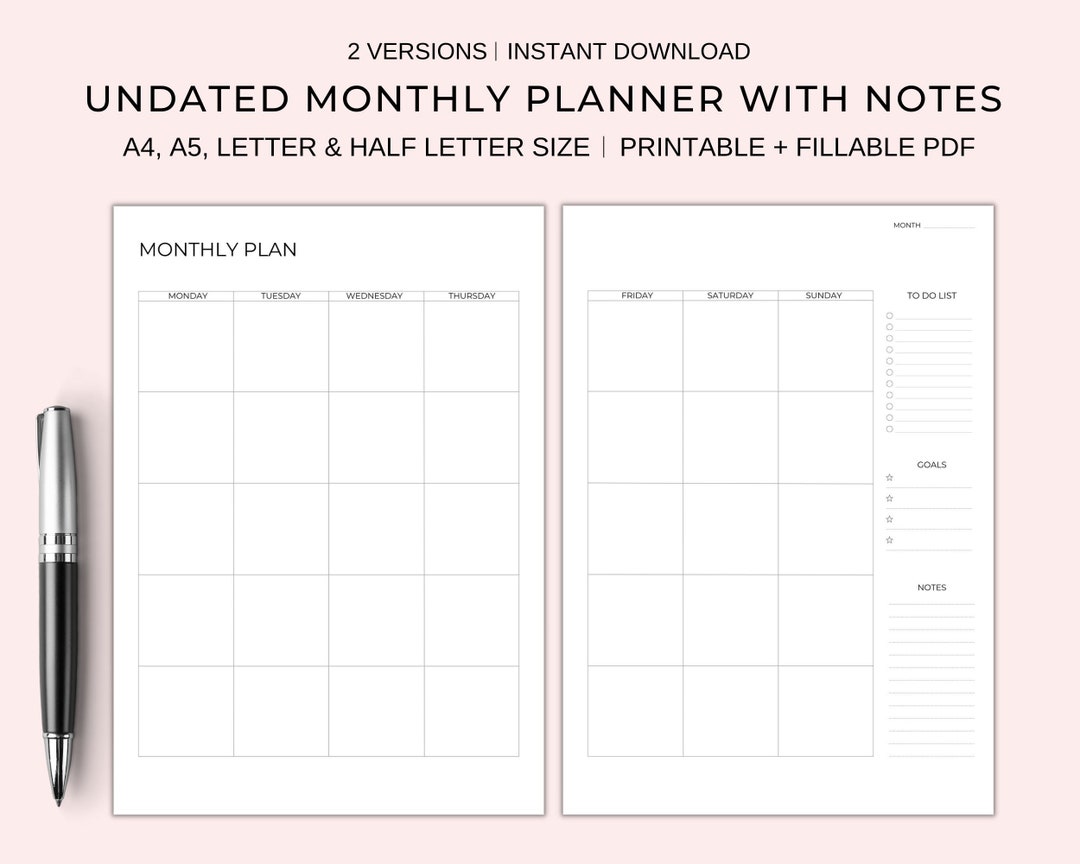 Undated Monthly Planner Printable, Month on Two Pages, Month at a ...