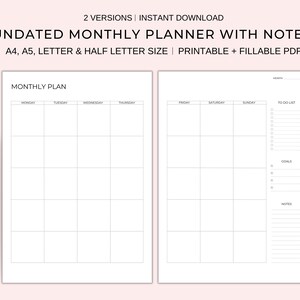 Undated Monthly Planner Printable, Month on Two Pages, Month at a ...