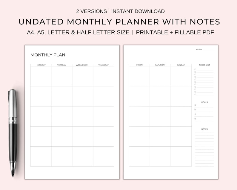 Undated Monthly Planner Printable, Month on Two Pages, Month at a ...