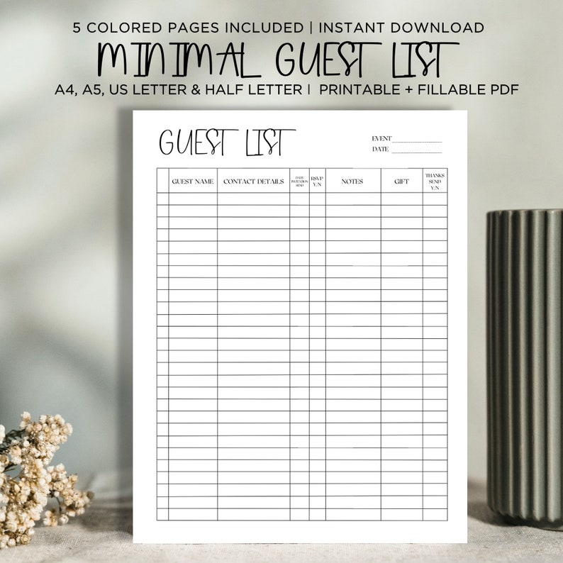Guest List Template, Guest List Tracker, Party, Events, Birthday ...