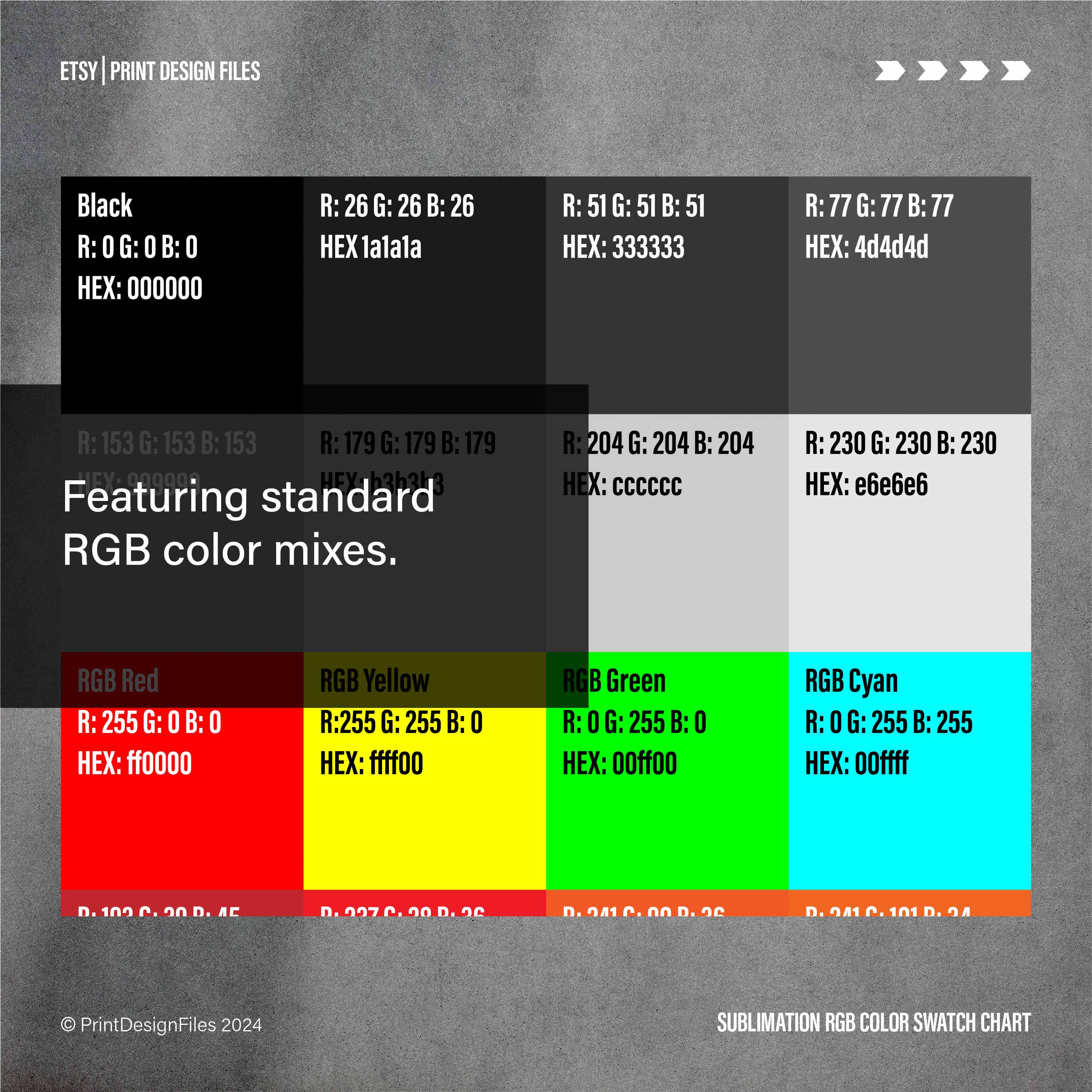 Printable Sublimation Color Swatch Chart - 54 Swatches With RGB Values ...