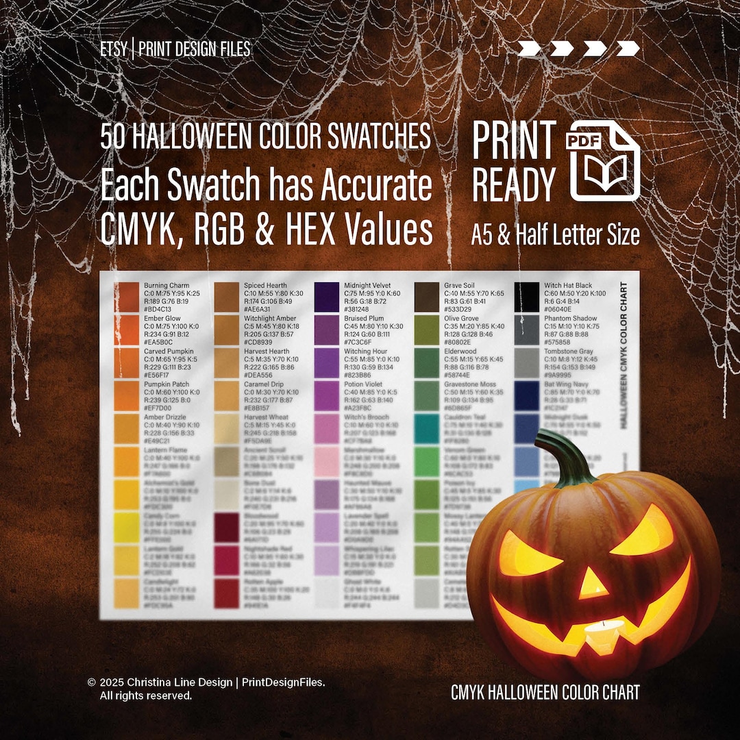 Halloween Printable Color Chart – 50 Spooky Swatches | CMYK, RGB & HEX ...