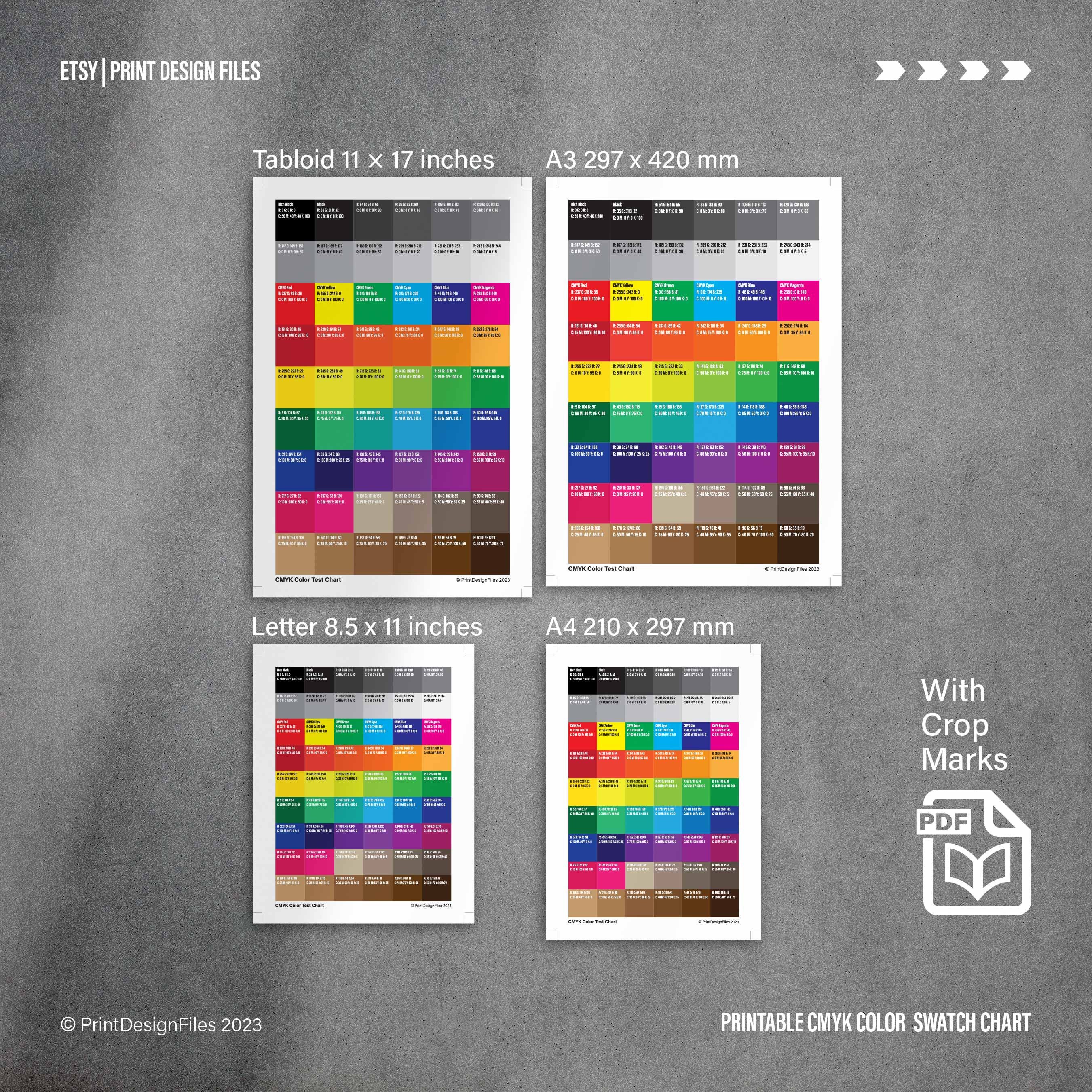 CMYK Color Test Swatch Chart Printable PDF A4, A3, US Letter and ...