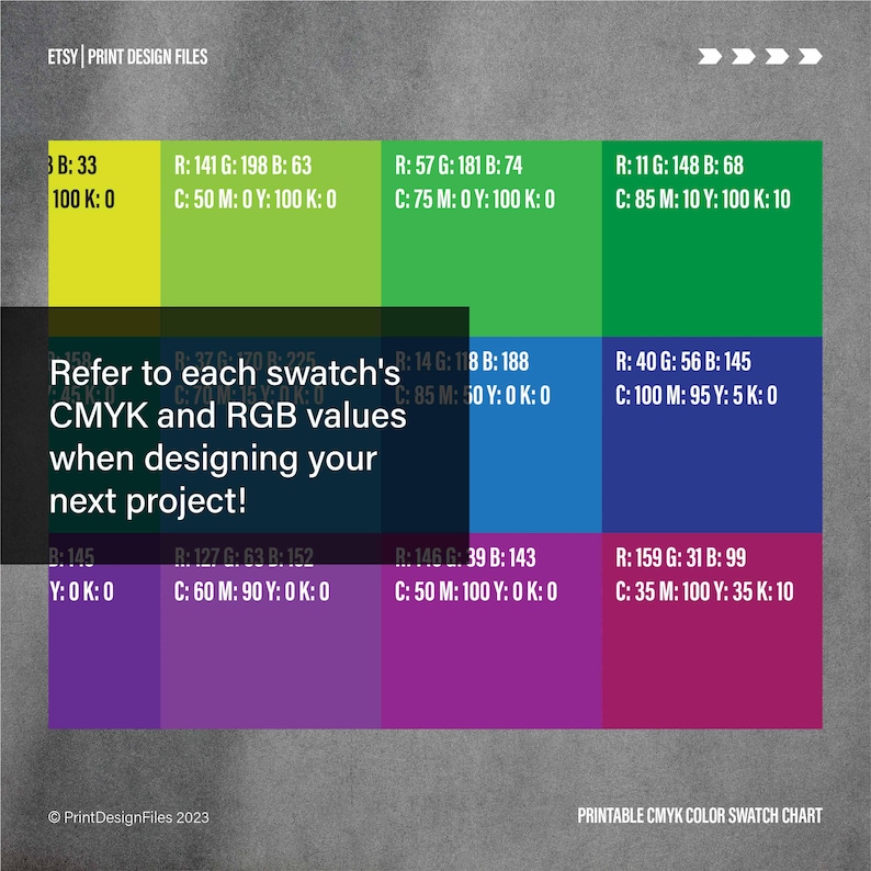 Printable CMYK Color Swatch Chart - 54 Swatches With CMYK and RGB ...