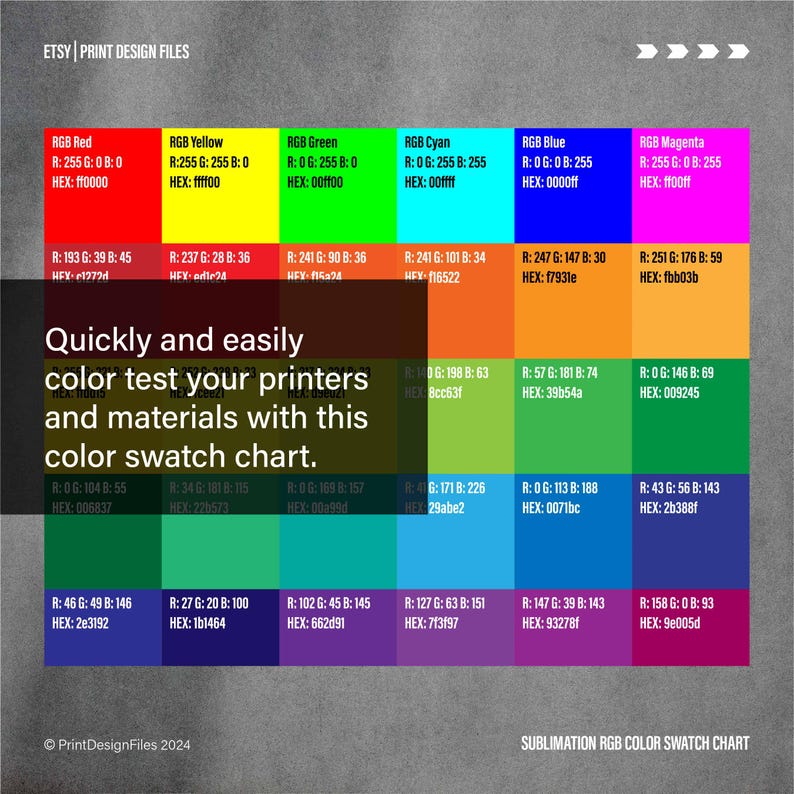 Printable Sublimation Color Swatch Chart - 54 Swatches With RGB Values ...