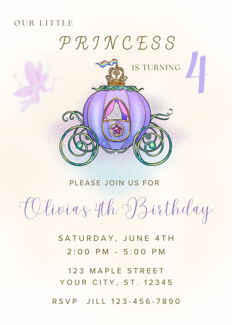 Princess 4th Birthday Invitation Girl Princess Fourth Birthday Party ...