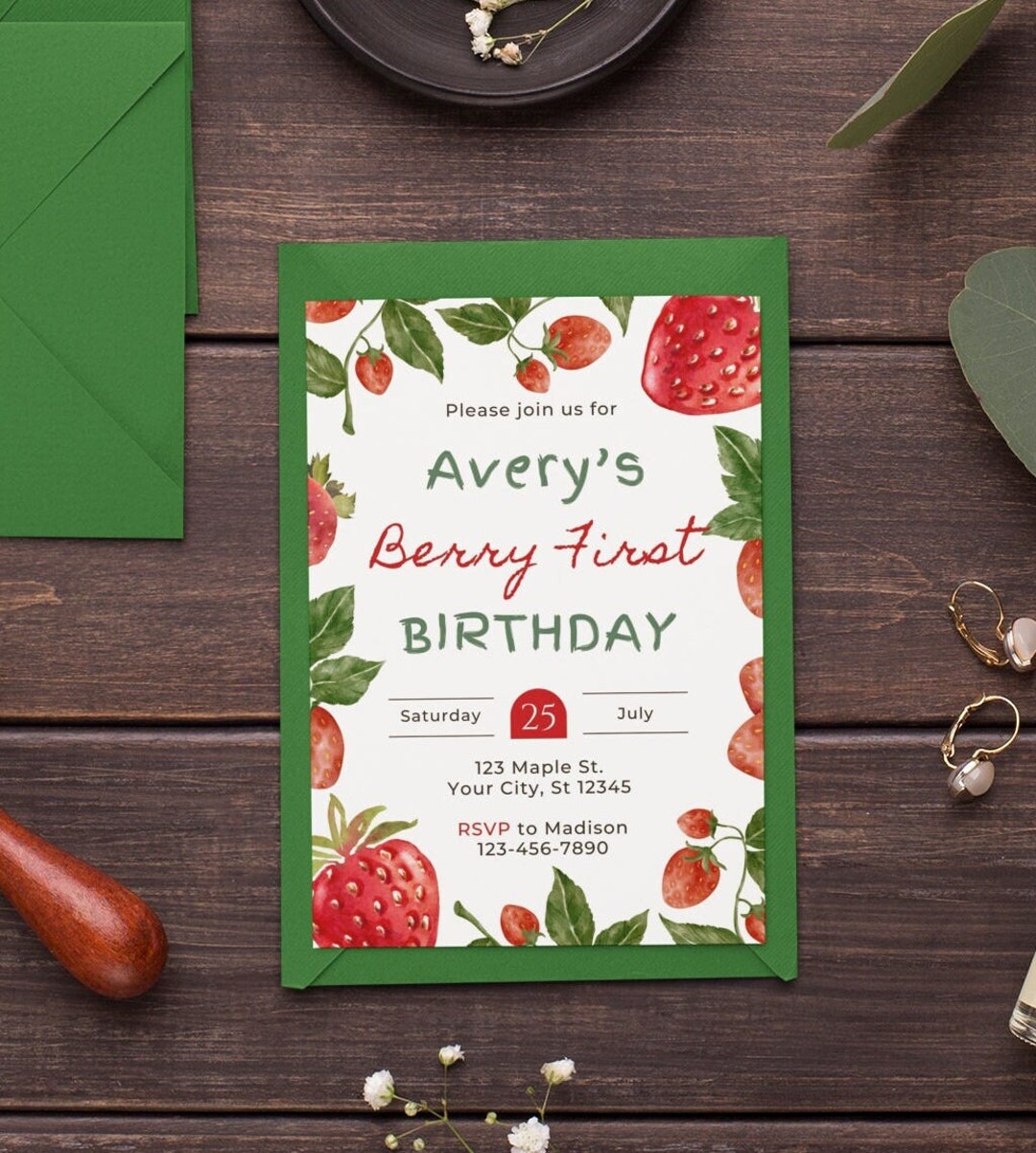 Berry Sweet 1st Birthday Invitation Template EDITABLE Strawberry ...