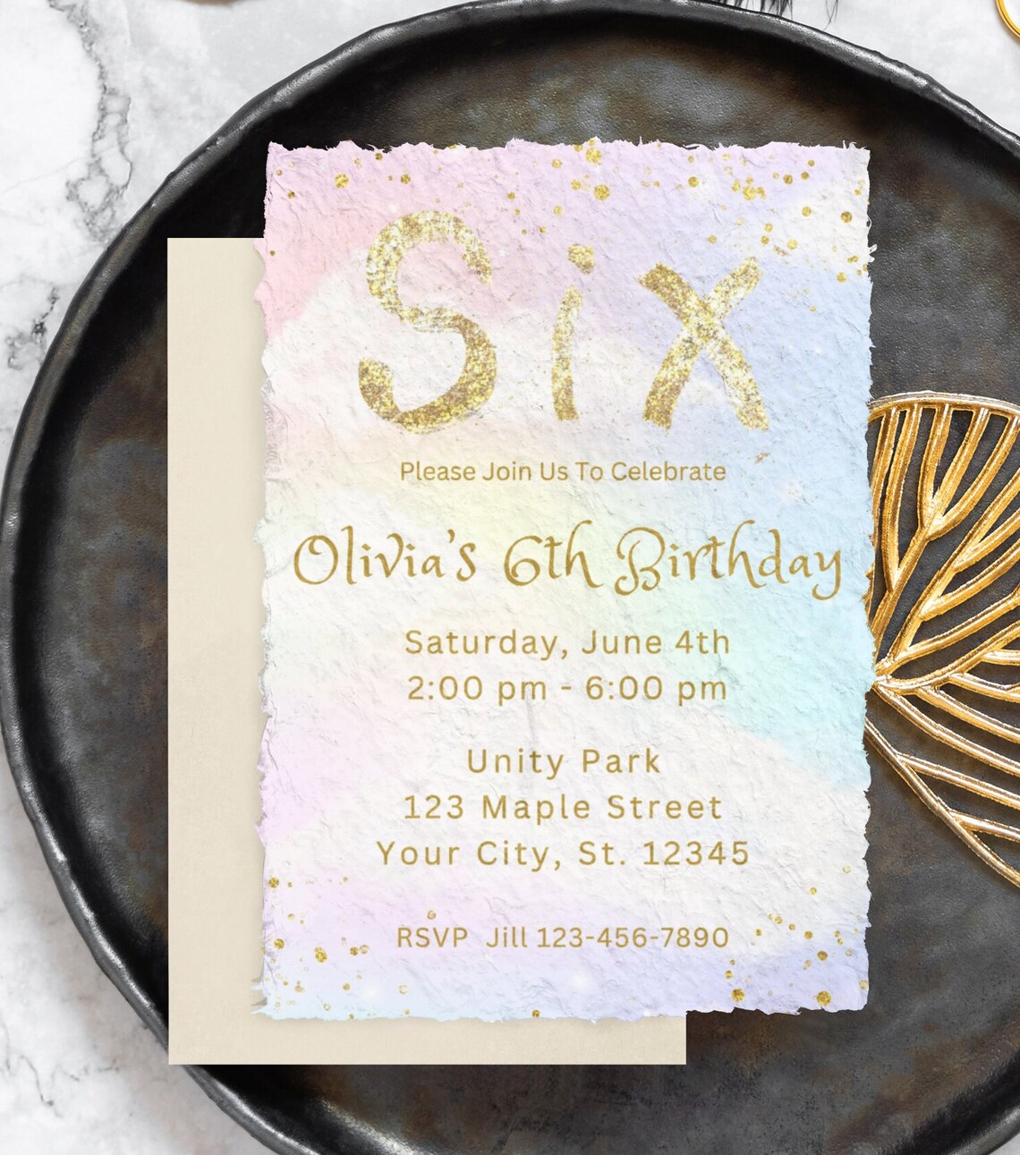 Editable Birthday Invitation Template Pastel Watercolor Gold Glitter ...