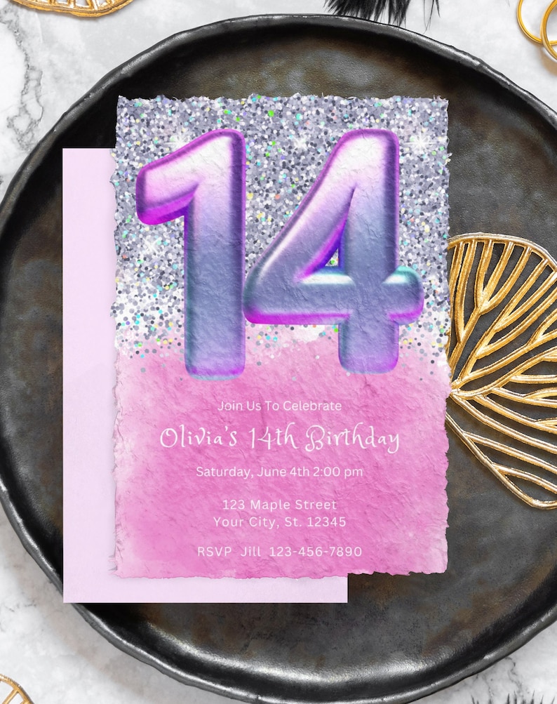 Editable Pink 14th Birthday Invitation Template Glitter Birthday Party ...