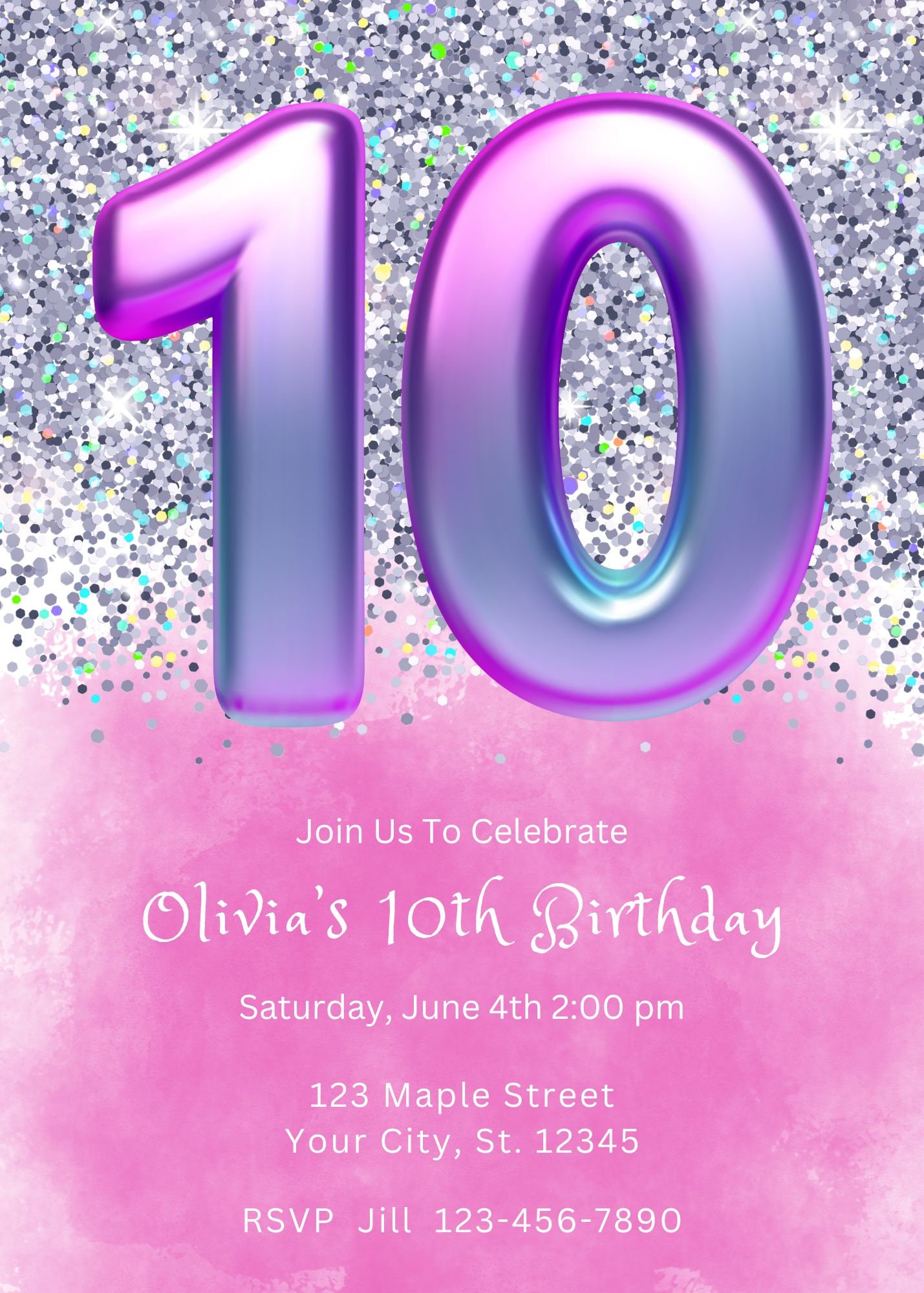 Editable Pink 10th Birthday Invitation Template Glitter Birthday Party ...