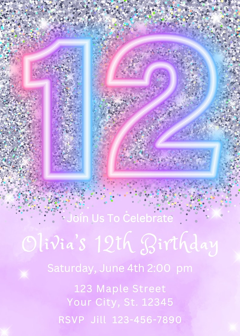 Editable 12th Birthday Invitation Template Purple Glitter Birthday ...