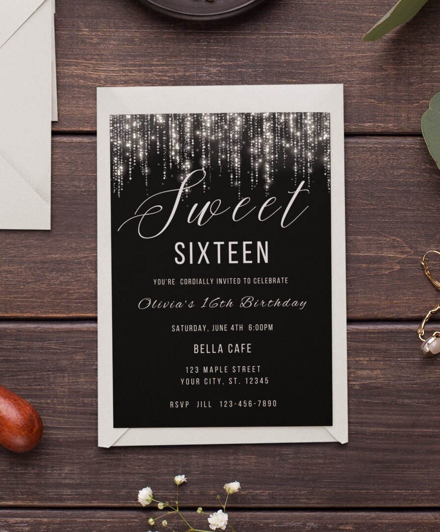Editable Sweet 16 Birthday Invitation Template Black and Silver ...