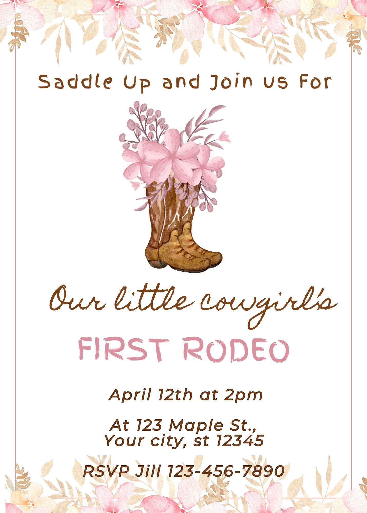 First Rodeo Birthday Invitation Template Editable Cowgirl Birthday ...