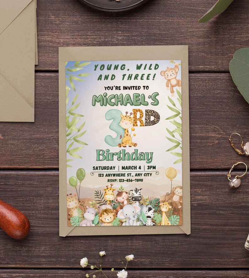 EDITABLE Third Birthday Invitation Template Young Wild and Three ...