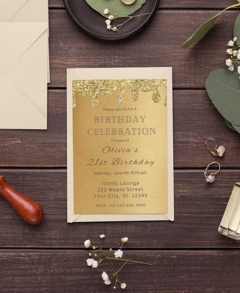 Editable Gold Birthday Invitation Template Gold Glitter Drip Dripping ...