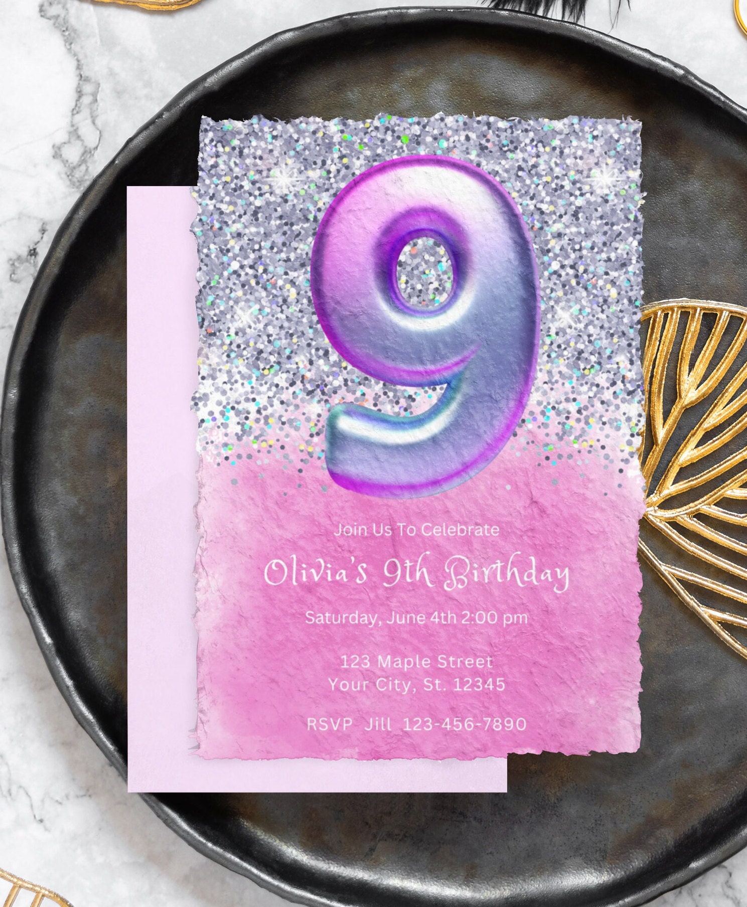 Editable Pink 9th Birthday Invitation Template Glitter Birthday Party ...