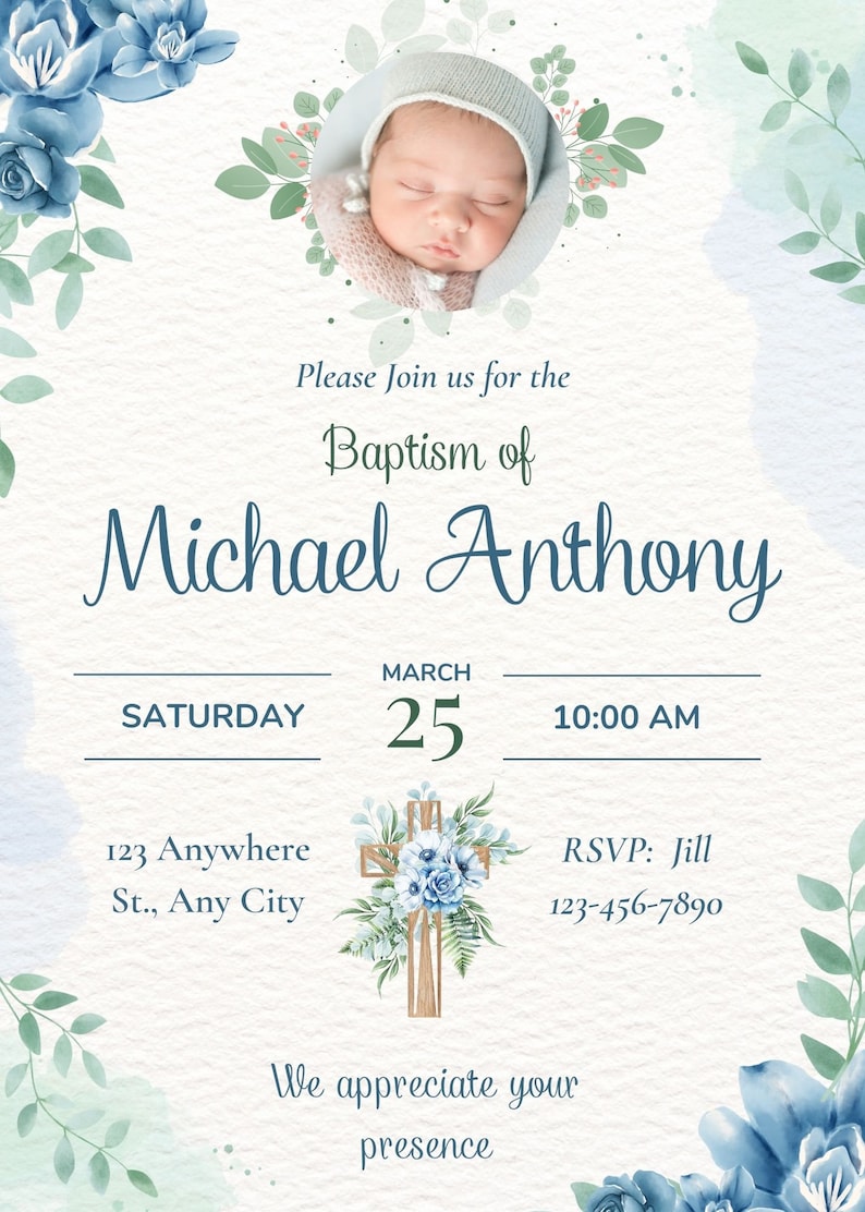 Blue Baptism Invitation Template Boy Christening Invitation Blue Floral ...