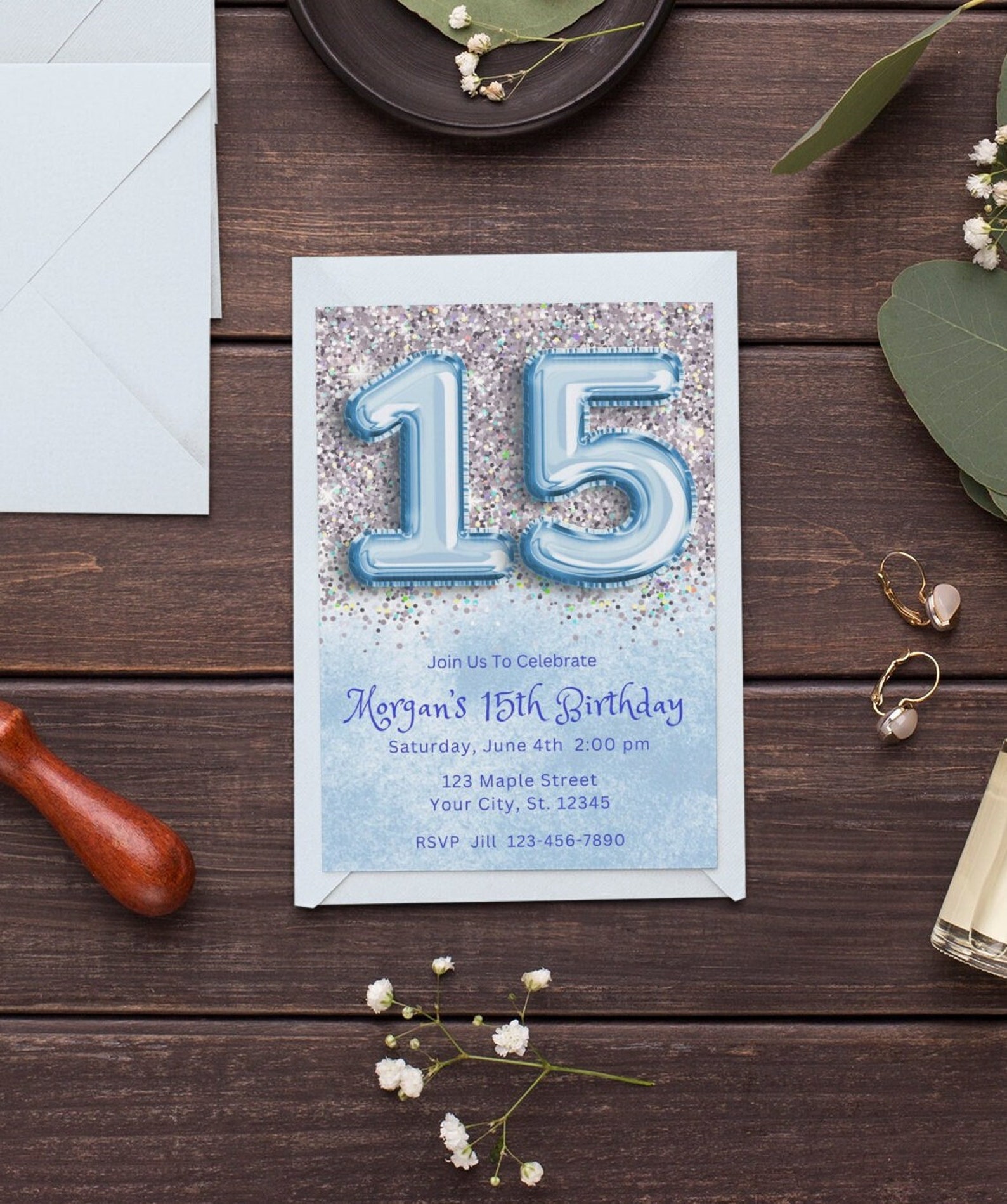 Editable 15th Birthday Invitation Template Blue Glitter Birthday Party Quinceanera Fifteenth ...