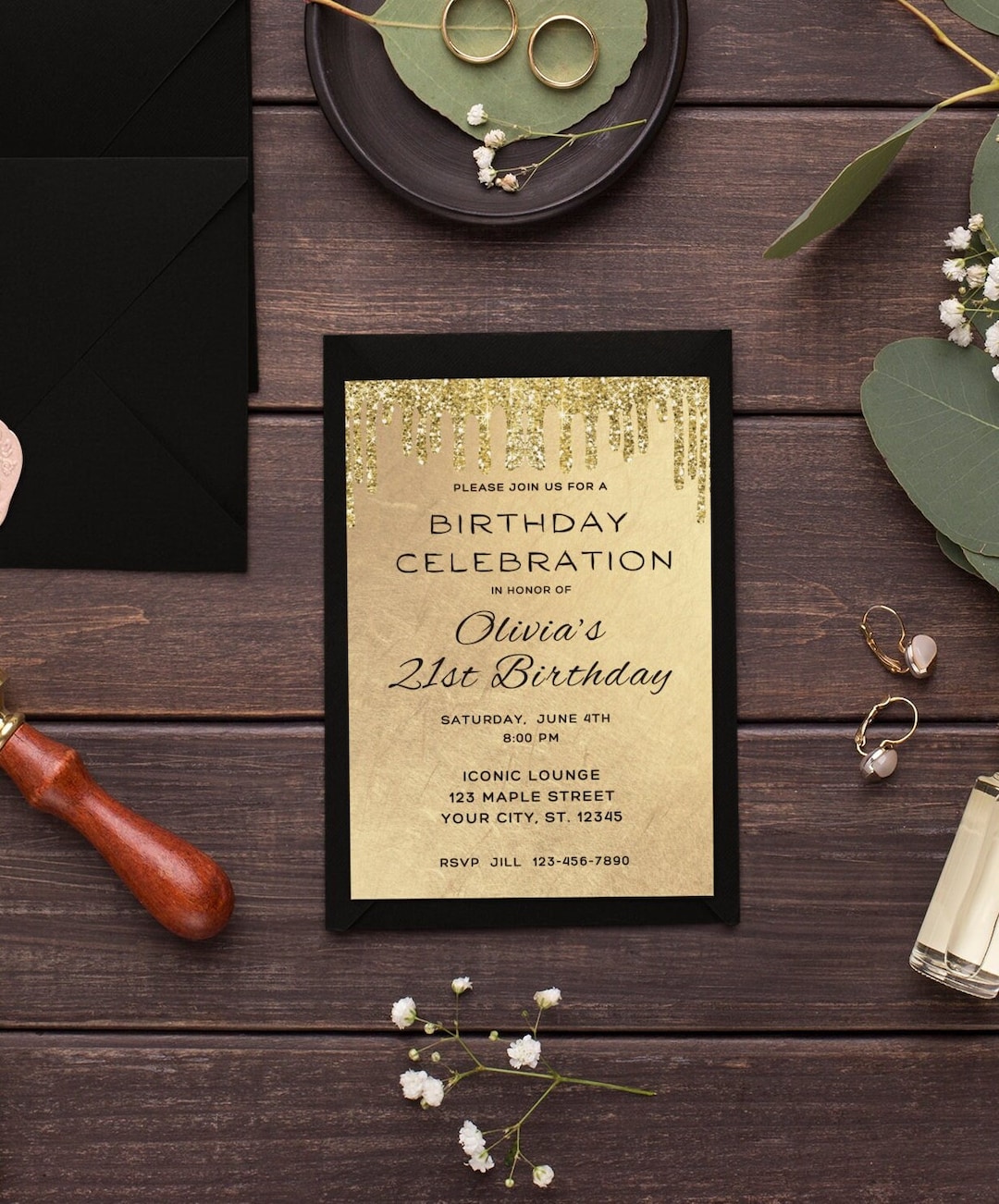 Editable Black and Gold Birthday Invitation Template Gold Glitter ...