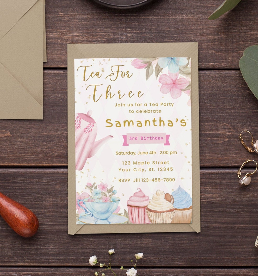Editable Third Birthday Invitation Template Tea for Three 3rd Birthday ...
