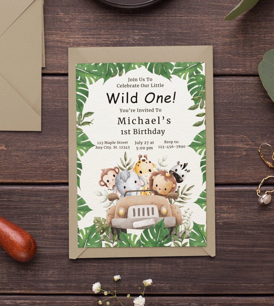 Editable Wild One Birthday Invitation Template Jungle Animals 1st ...