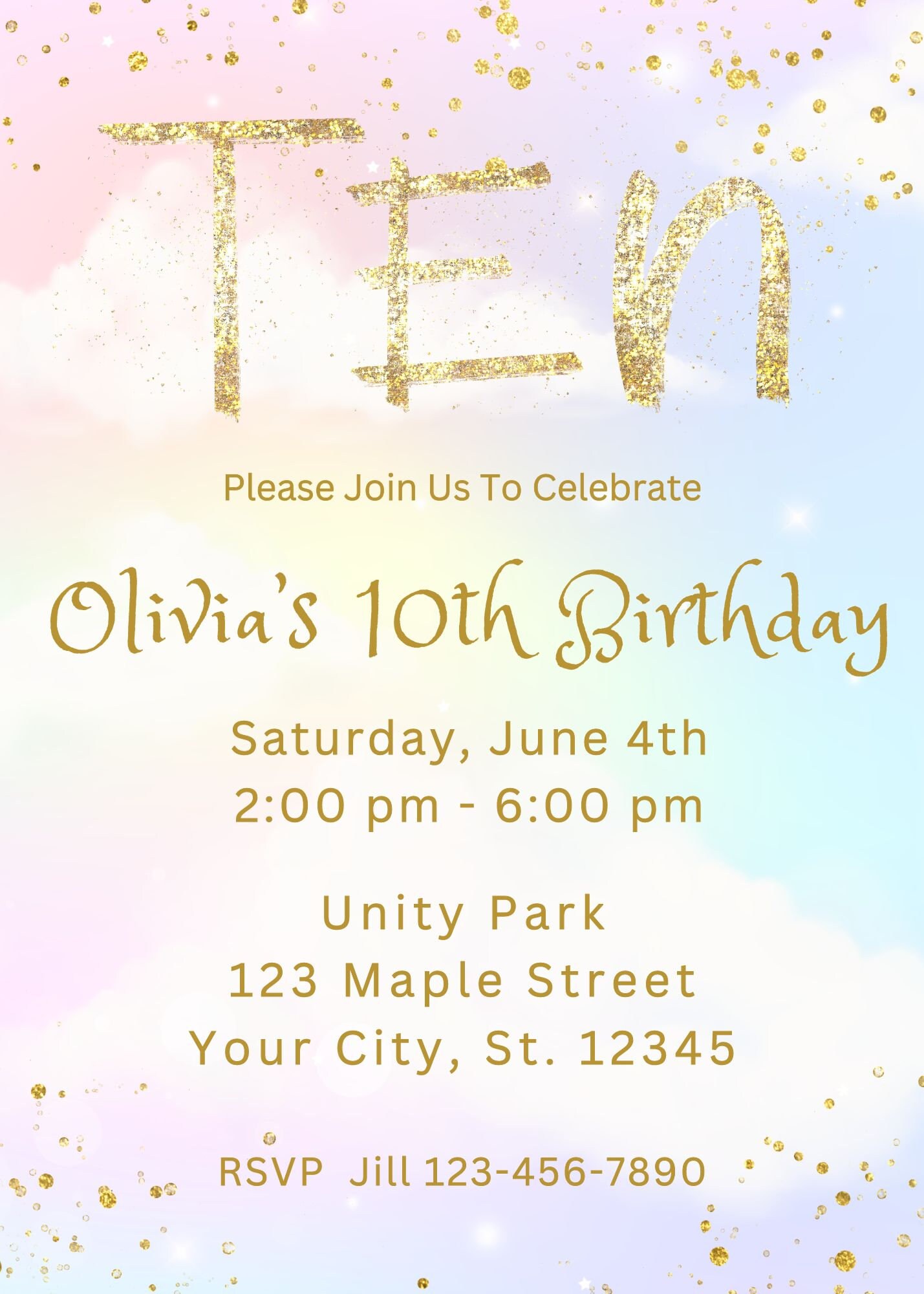 Editable Birthday Invitation Template Pastel Watercolor Gold Glitter ...