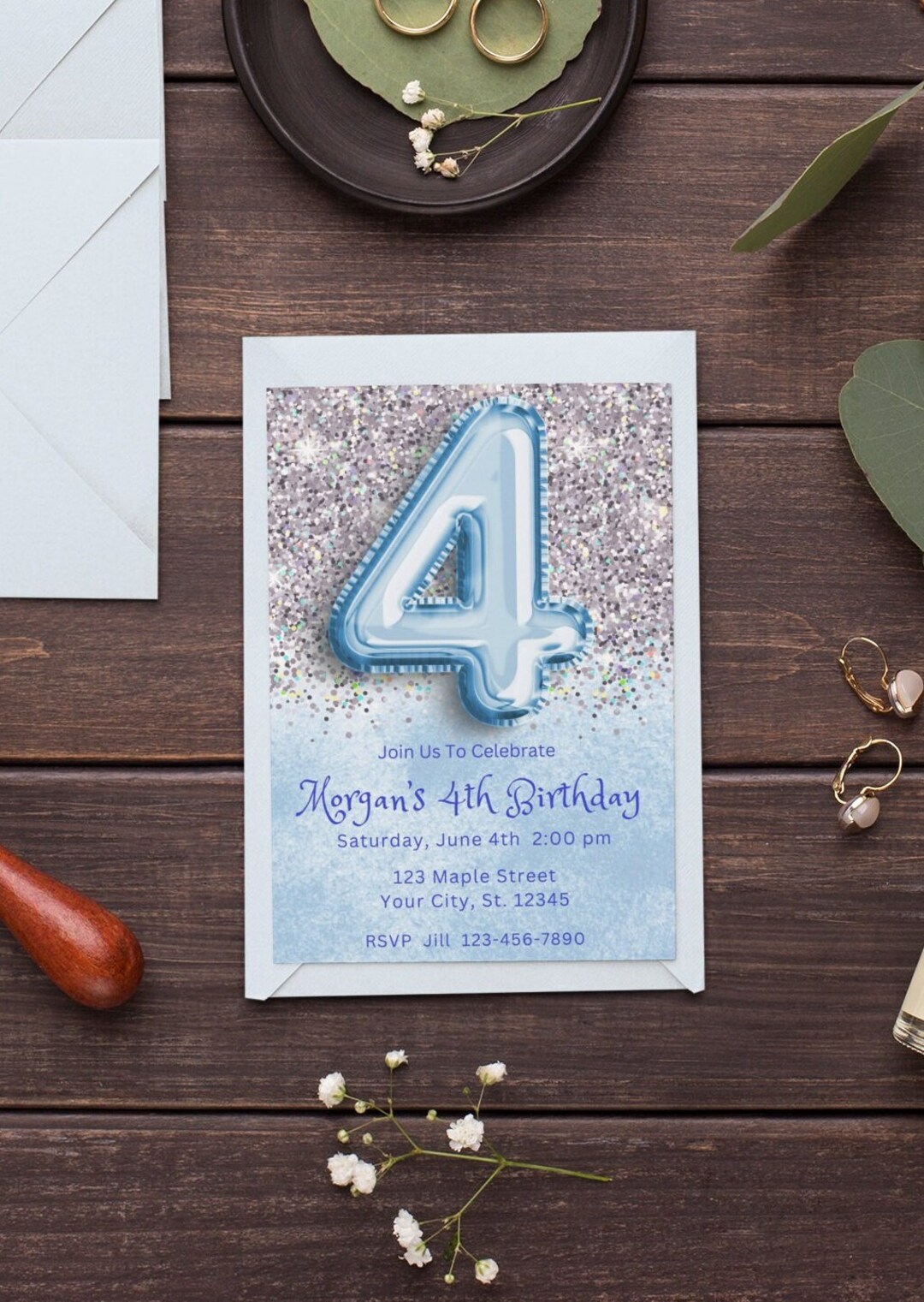 Editable 4th Birthday Invitation Template Blue Glitter Birthday Party ...