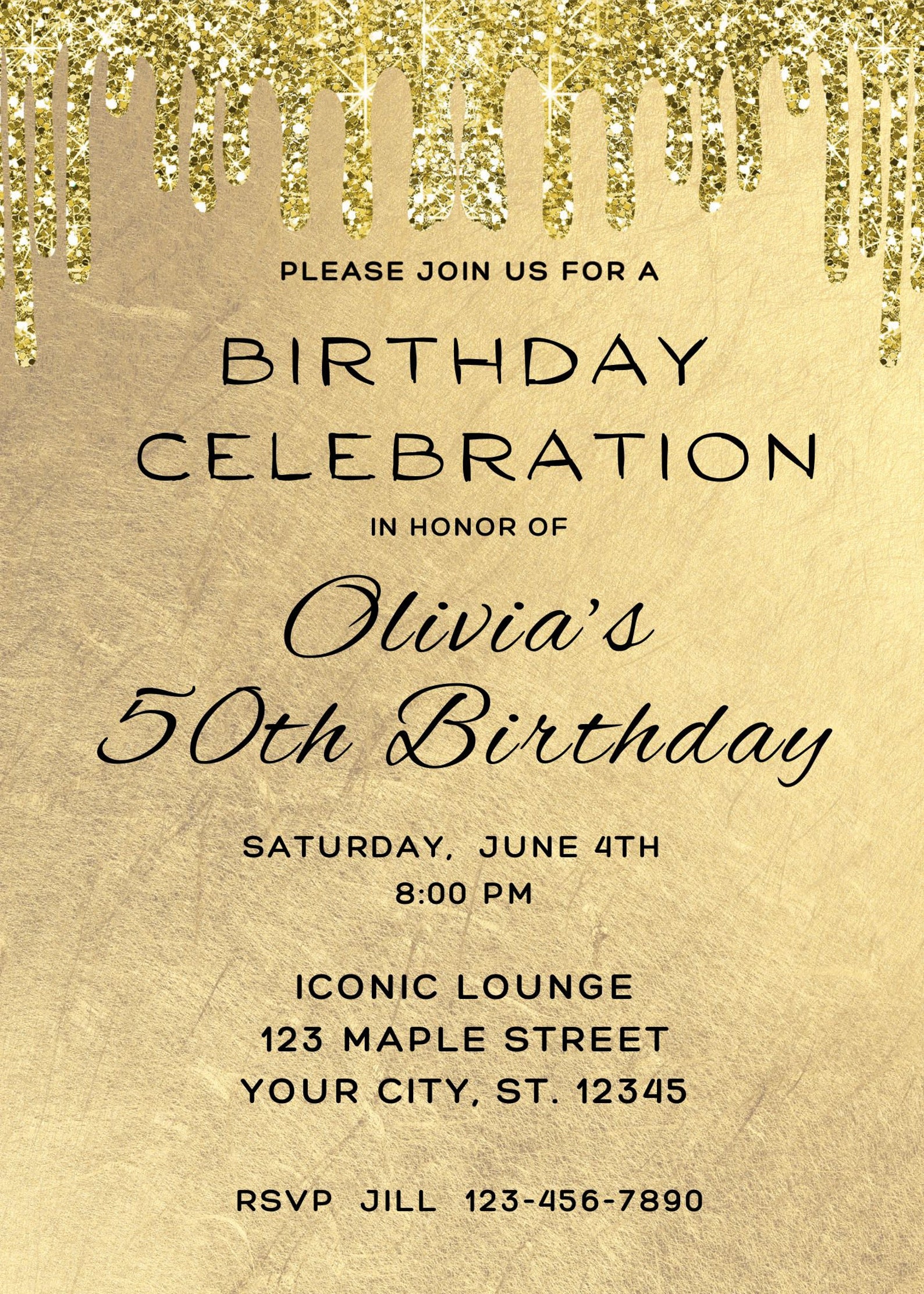 Editable 50th Birthday Invitation Template Gold Glitter Birthday ...
