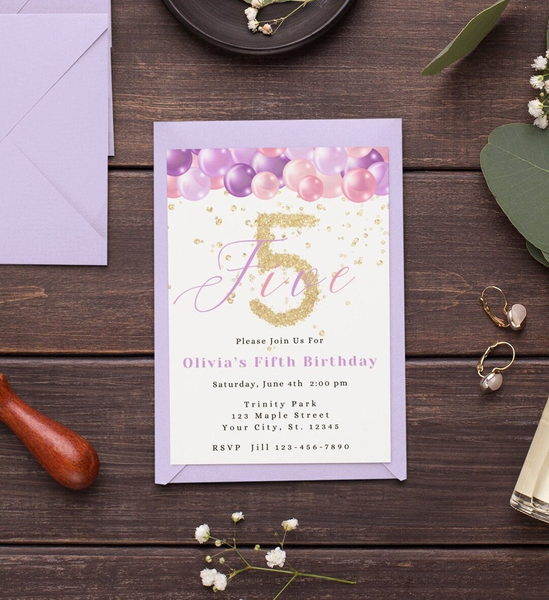 Fifth Birthday Invitation Template Pink and Purple 5th Birthday Invite ...