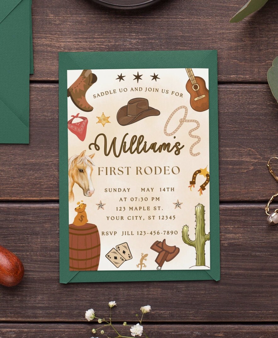 Editable My First Rodeo Invitation Cowboy Birthday Invite Wild West ...