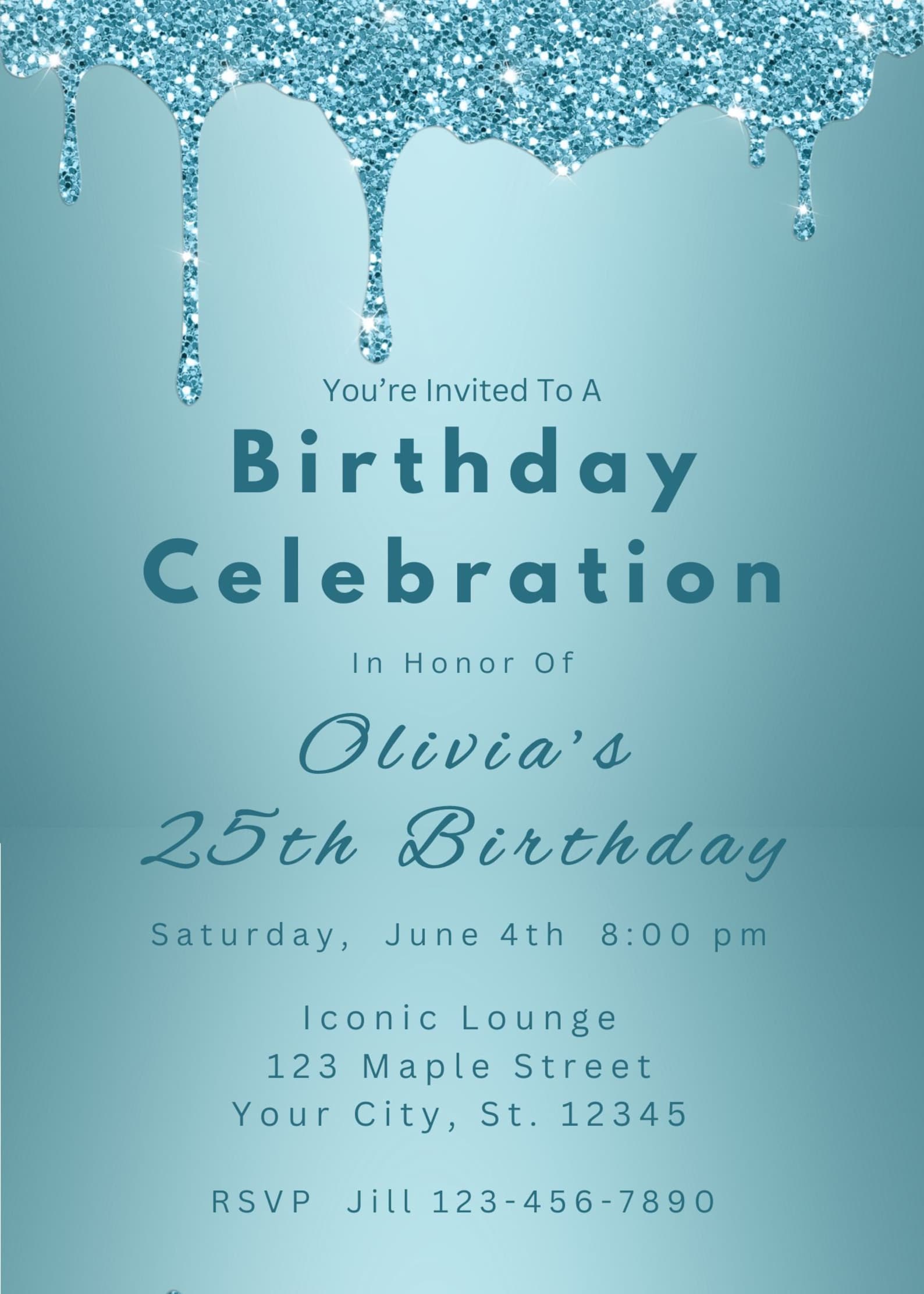 Editable 25th Birthday Invitation Template Teal Glitter Birthday Party ...