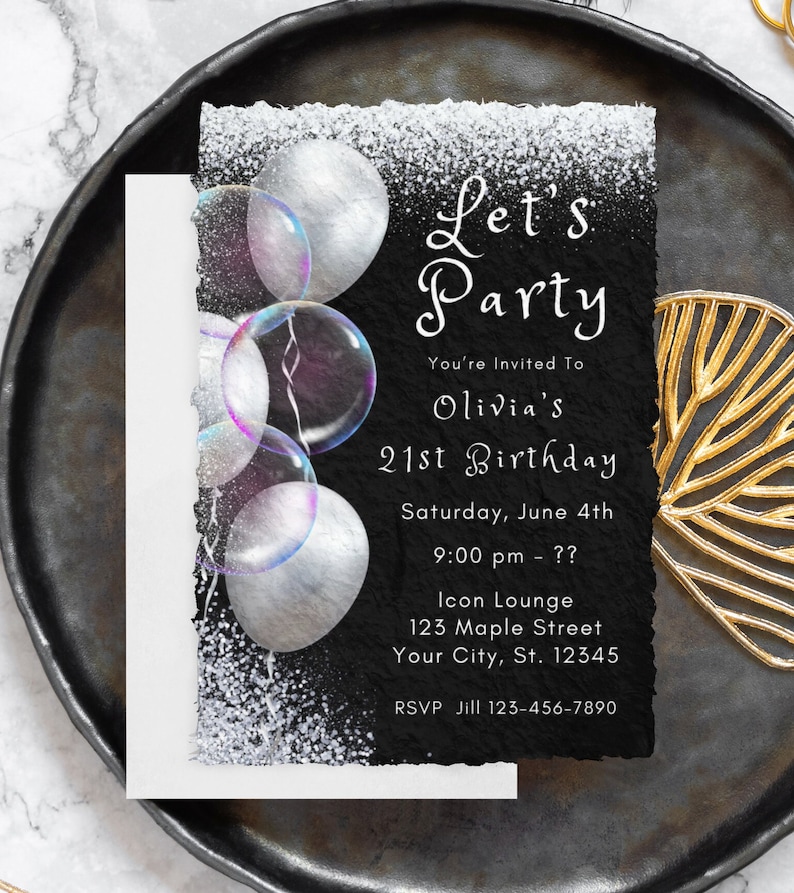 Editable 21st Birthday Invitation Template Silver and Black Invitation ...