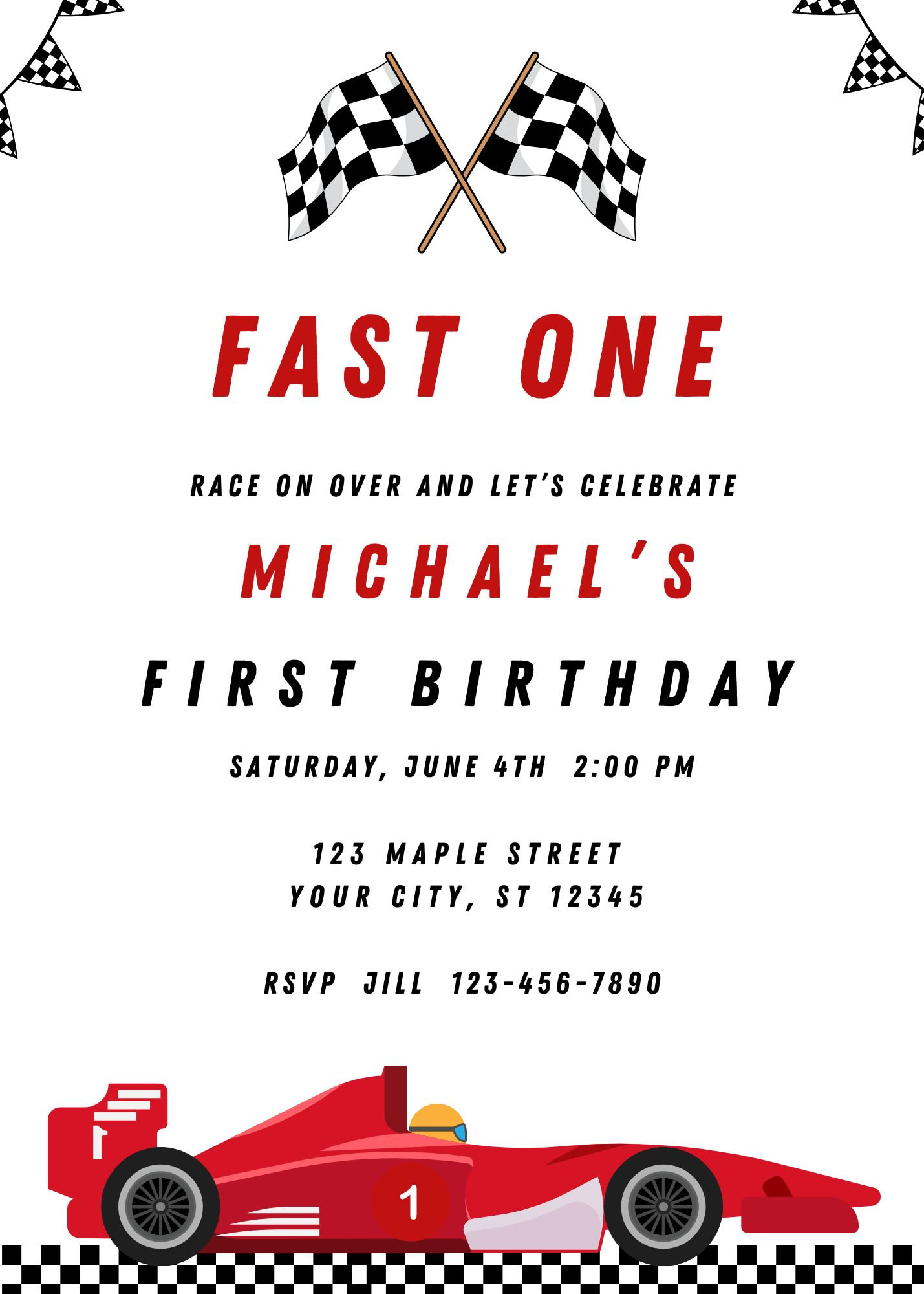 Fast One Racing Car First Birthday Invitation Template 1st Birthday ...