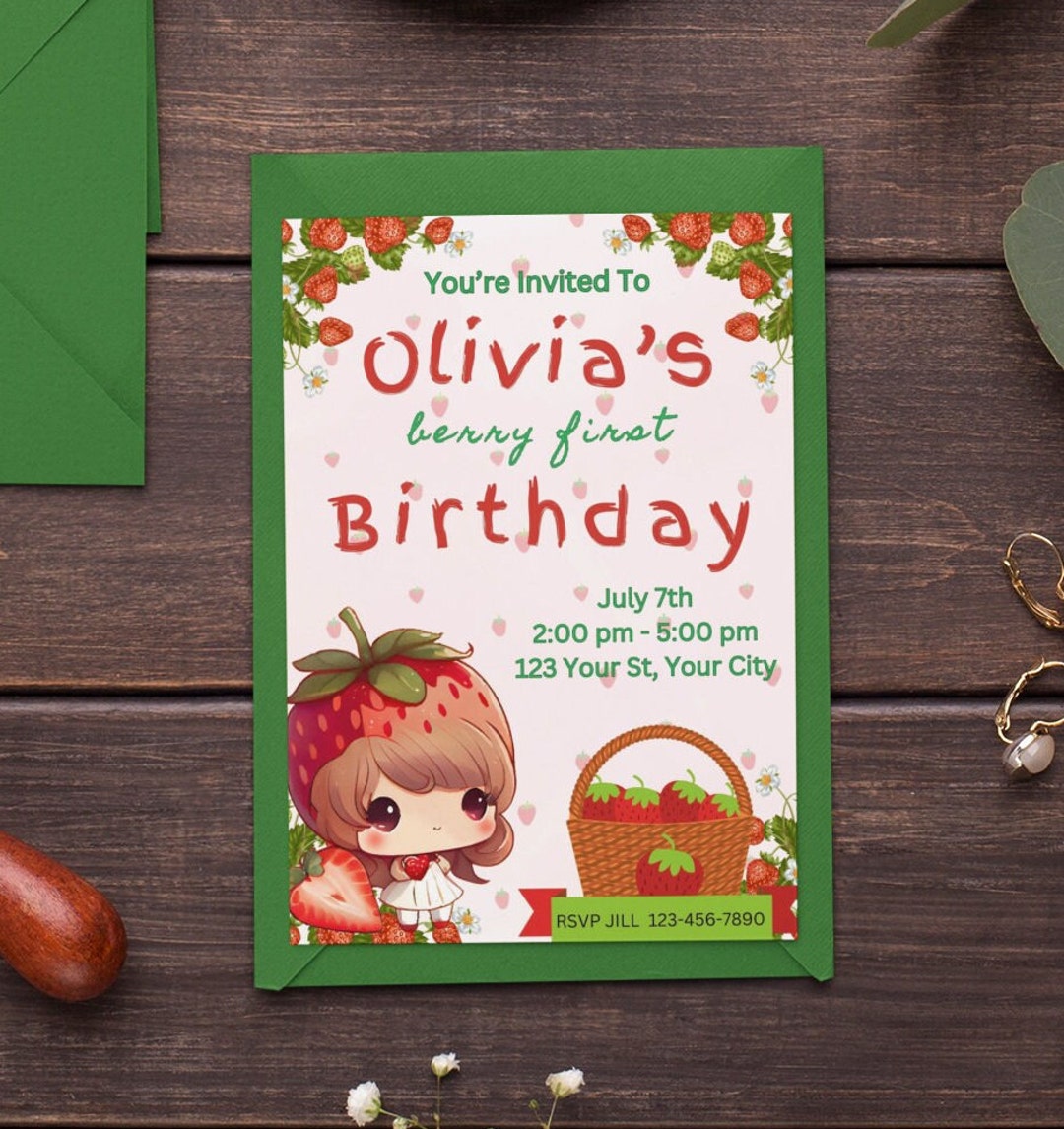 Berry Sweet 1st Birthday Invitation Template EDITABLE Strawberry ...